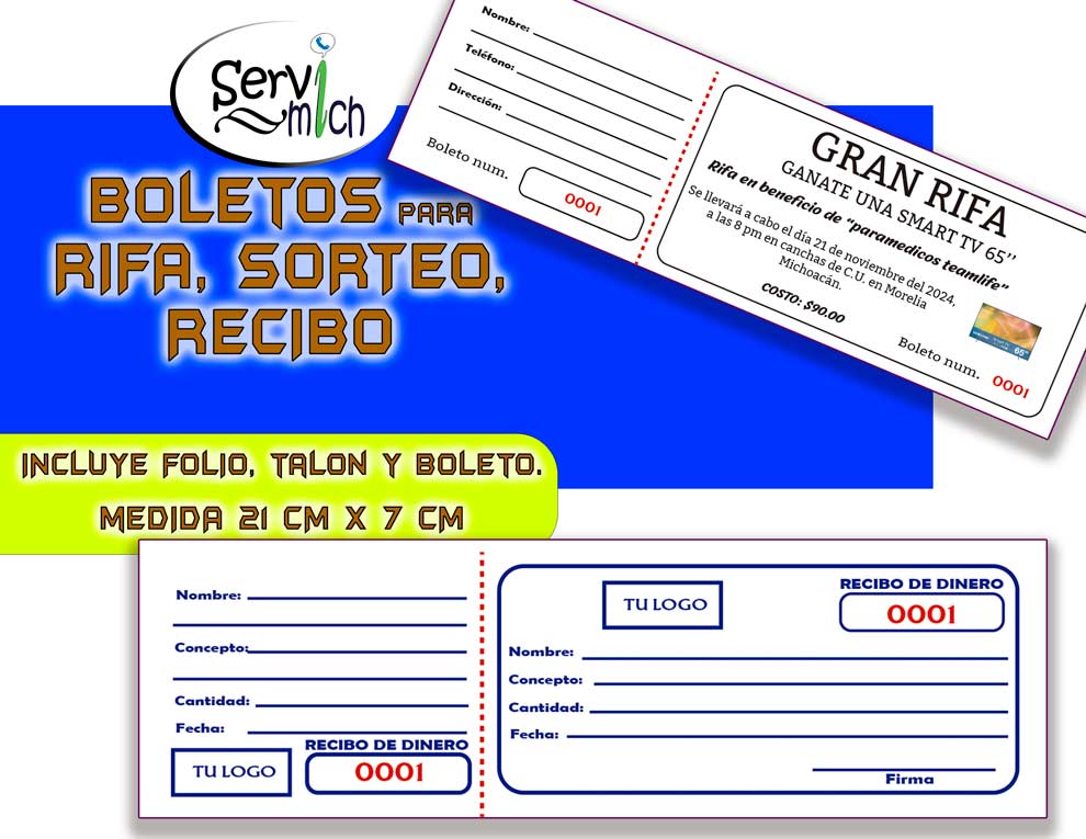 Recibos o boletos de rifa personalizados - SERVIMICH, su mejor opción